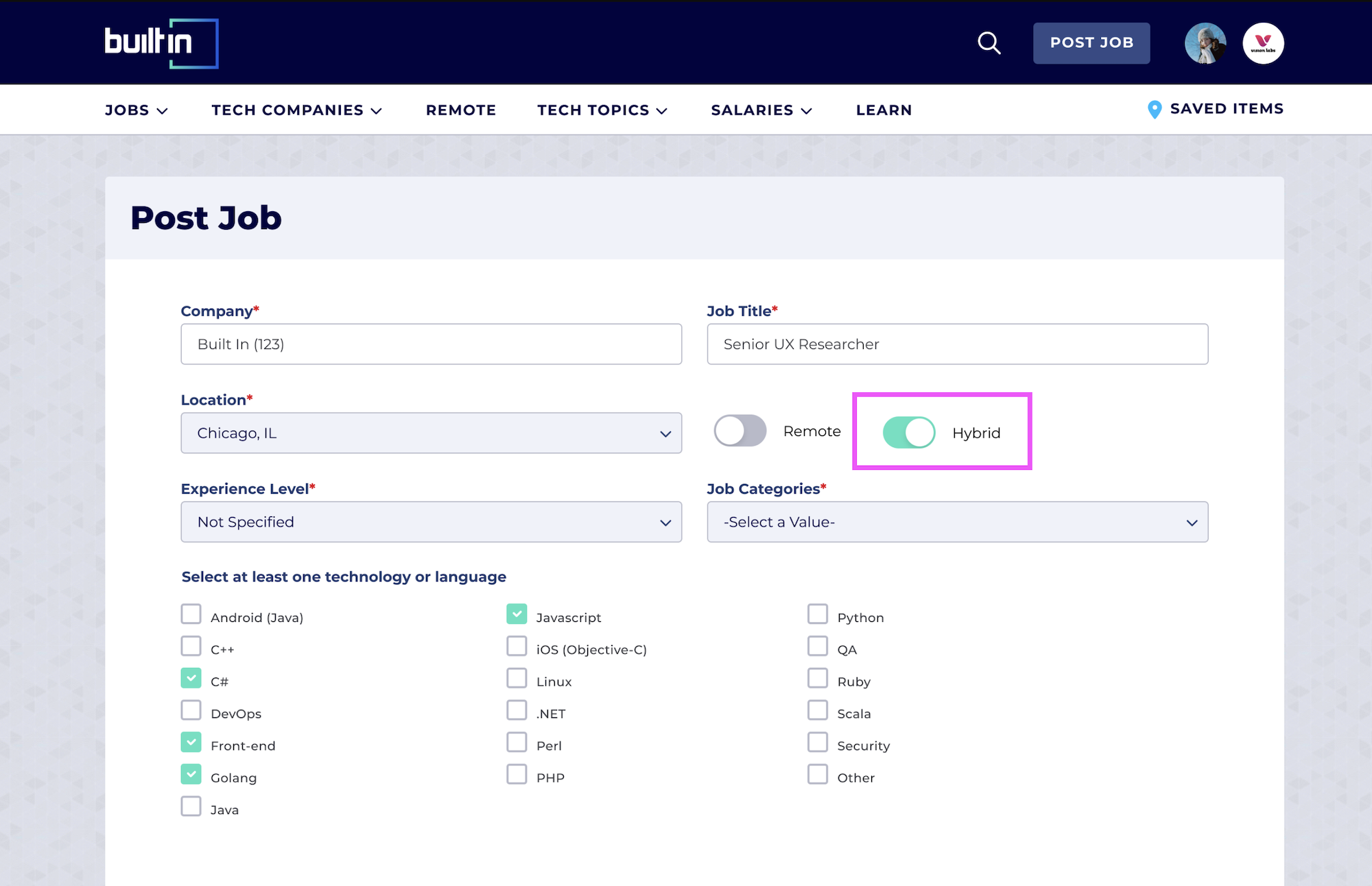 Configuring hybrid jobs and settings on Built In